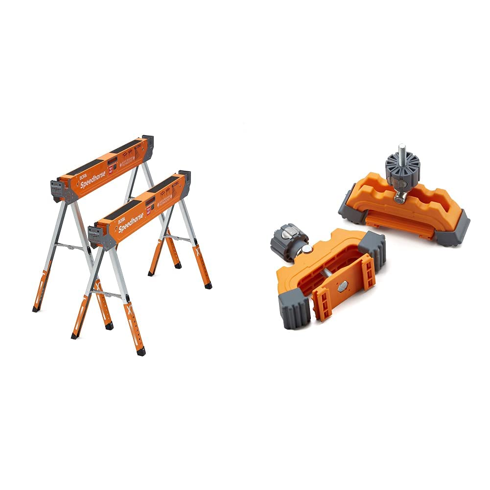 Bora Portamate Speedhorse XT Sawhorse Pair (PM-4550T,Orange) and BORA Track Clamps, Saw Guide Accessory