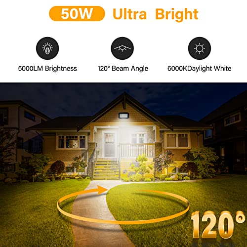 Flora Element 2 Pack 50W LED Flood Lights, 5000LM Super Bright Work Lights with Plug, IP66 Waterproof Security Light, 6000K Daylight White Outdoor Flood Lights for Yard, Garden, Garage.