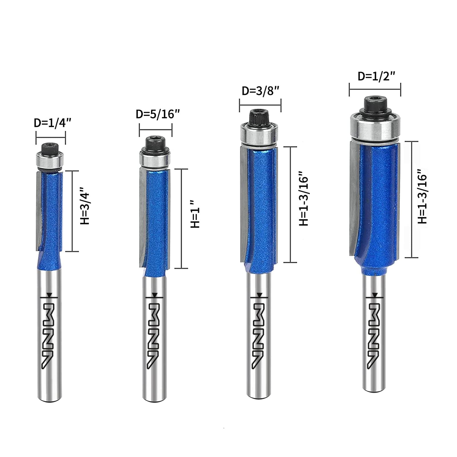 MNA Top Bearing Flush Trimming Bits Set of 4, Straight Flush Trimming Router Bits Set. 1/4" shank. Cut to heights of 1/4", 5/16", 3/8", 1/2". Ideal for trimming shelf edges etc. (Send Bearing)