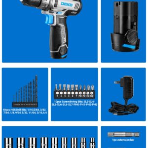 DEKOPRO Cordless Drill, 12V Rechargable Battery Electric Power Impact Drill Driver Set for Home