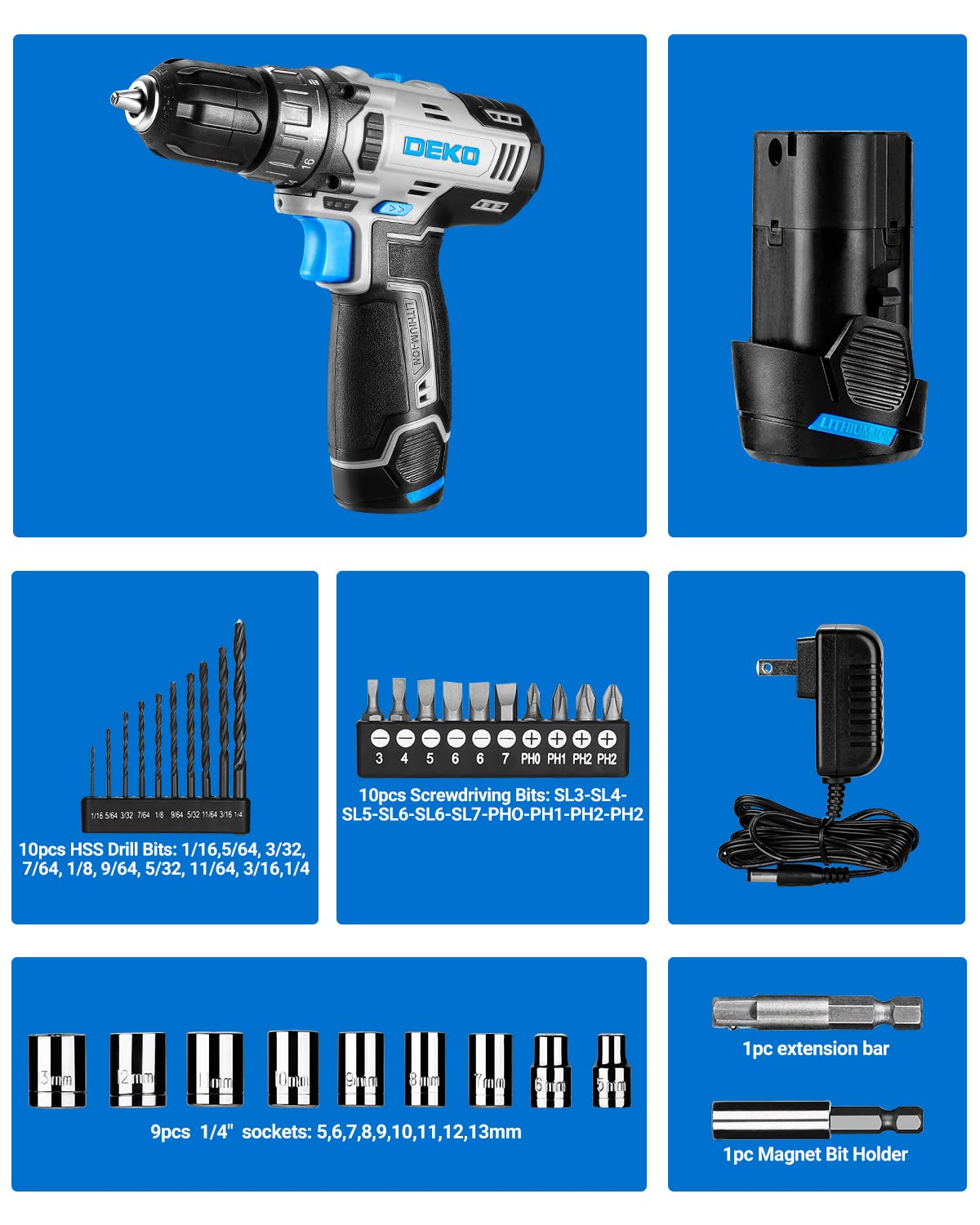 DEKOPRO Cordless Drill, 12V Rechargable Battery Electric Power Impact Drill Driver Set for Home