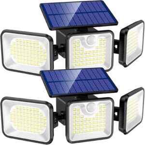 aigleya solar outdoor lights, 3000lm180 led motion sensor outdoor lights 3 heads solar security lights ip65 solar flood lights,270° wide angle luces solares para exteriores with 3 modes(2 packs)