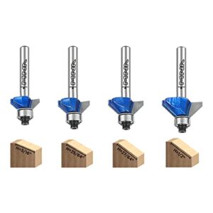 MNA 45 Degree Chamfer Bit 4 Pcs Set,1/4 Inch Shank Cutting Diameter in 1/4”, 5/16”, 3/8”, 1/2”.Ideal for Angled Edges, Clean Edge(Send Bearing)