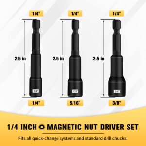 BOEN 1/4 inch Magnetic Nut Driver Set, 3 Piece Impact Drill Driver Bit Set, Size 1/4", 5/16", 3/8", Quick-Change Hex Shank SAE Nut Driver, Cr-V Steel, Black Manganese Phosphate Coating