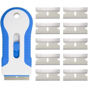 foshio retractable blue plastic razor blade scraper tool with 10pcs extra carbon steel razor blades for glass gasket label sticker remover tool,grease paint window razor scraper