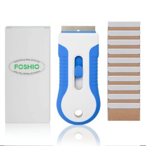 FOSHIO Retractable Blue Plastic Razor Blade Scraper Tool with 10pcs Extra Carbon Steel Razor Blades for Glass Gasket Label Sticker Remover Tool,Grease Paint Window Razor Scraper