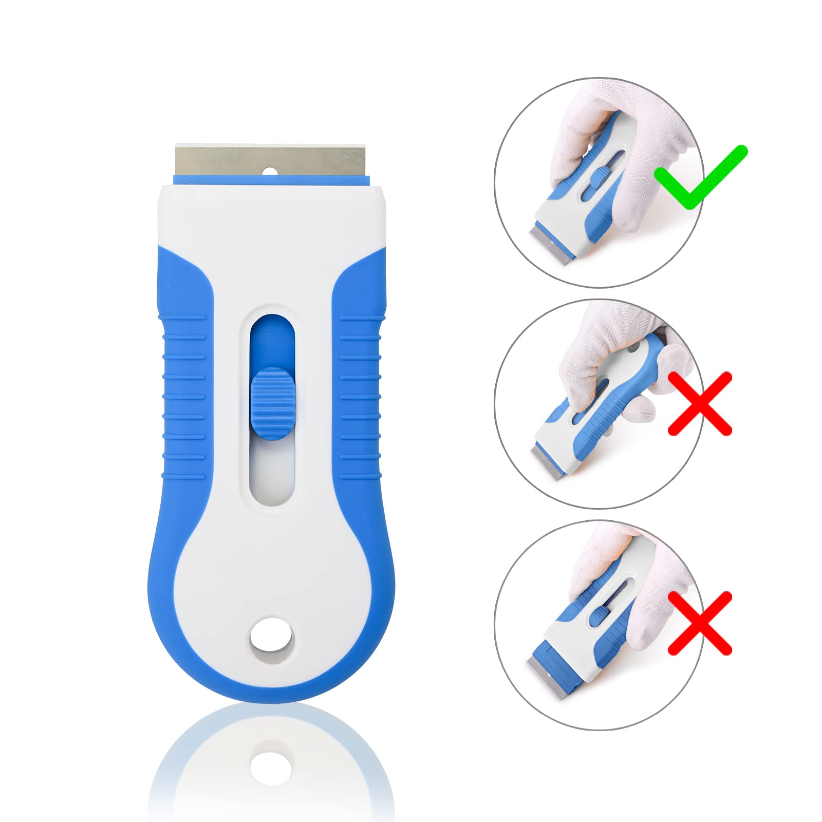 FOSHIO Retractable Blue Plastic Razor Blade Scraper Tool with 10pcs Extra Carbon Steel Razor Blades for Glass Gasket Label Sticker Remover Tool,Grease Paint Window Razor Scraper