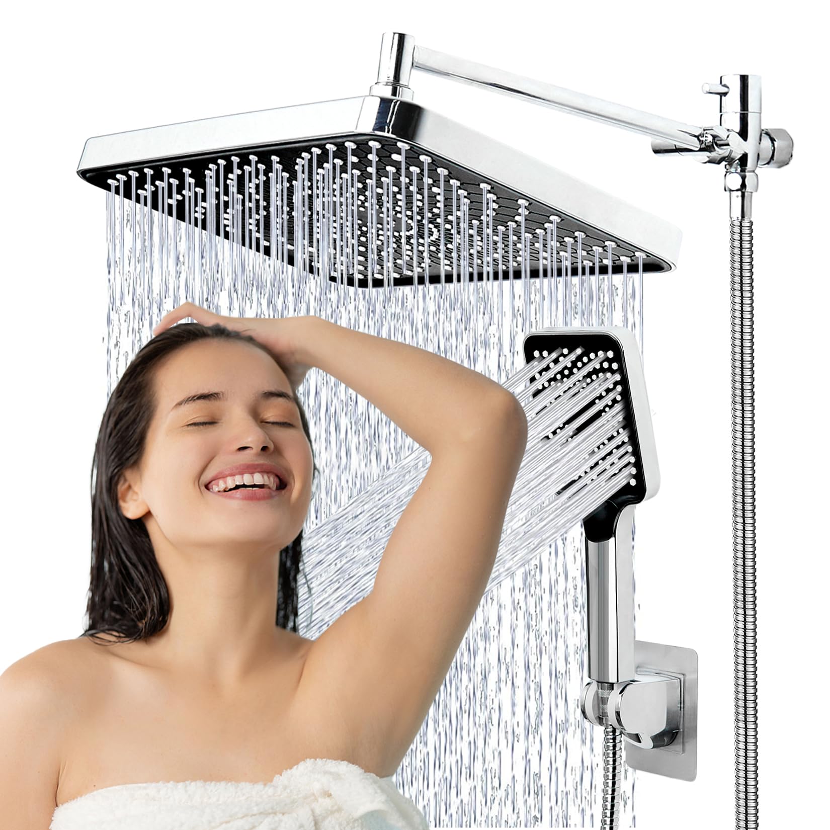 Shower Head,14”Rain Shower Head with Handheld Spray Combo with ON/OFF Pause Switch and 11'' Angle Adjustable Extension Arm/Flow Regulator，High Pressure Nozzle Easy to Clean Bathtub,Chrome