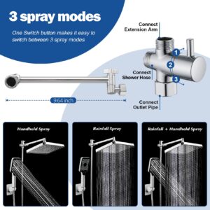 Shower Head,14”Rain Shower Head with Handheld Spray Combo with ON/OFF Pause Switch and 11'' Angle Adjustable Extension Arm/Flow Regulator，High Pressure Nozzle Easy to Clean Bathtub,Chrome