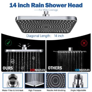 Shower Head,14”Rain Shower Head with Handheld Spray Combo with ON/OFF Pause Switch and 11'' Angle Adjustable Extension Arm/Flow Regulator，High Pressure Nozzle Easy to Clean Bathtub,Chrome