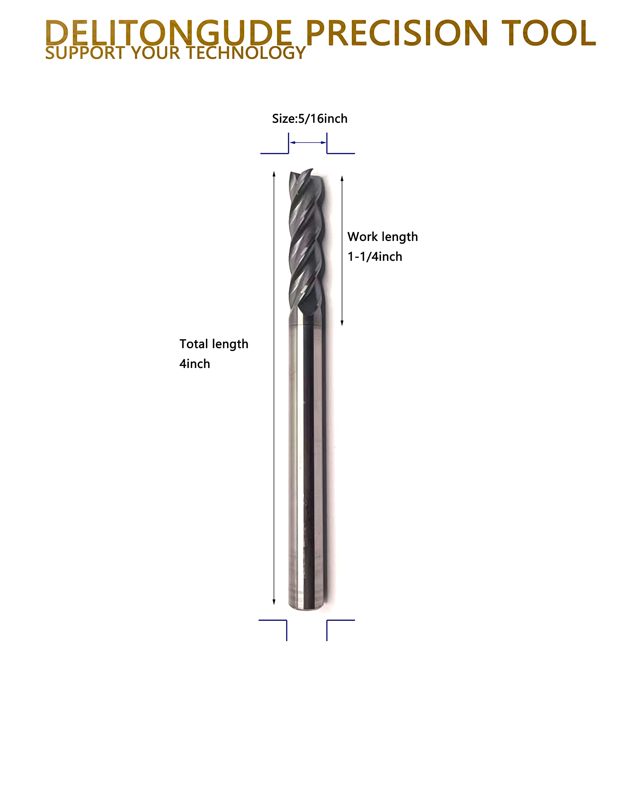 DelitonGude 5/16 x 4inch Extra Long Carbide Tungsten Square CNC End Mill,4 Fultes Suitable for Alloy Steels/Hardened Steels HRC55(Extra Long 5/16)