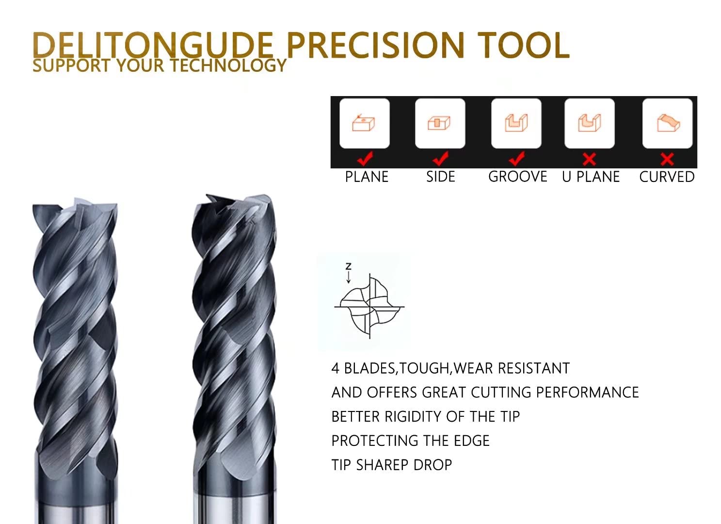 DelitonGude 5/16 x 4inch Extra Long Carbide Tungsten Square CNC End Mill,4 Fultes Suitable for Alloy Steels/Hardened Steels HRC55(Extra Long 5/16)