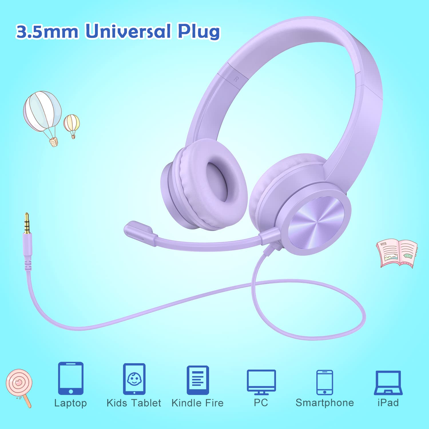 【2 Pack】Kids Headphones with Microphone for School, Wired Headsets with 94dB Volume Limit & Sharing Splitter for Boys/Girls, Computer Headset for Smartphones/iPad/PS4/Xbox One/PC, Blue&Purple