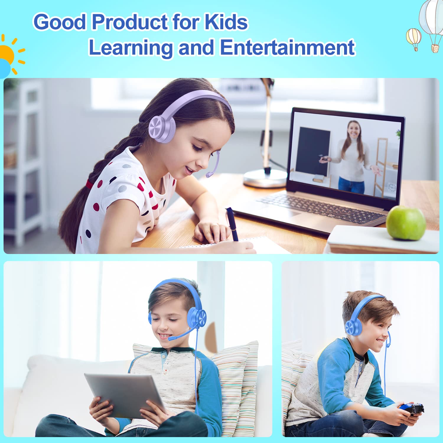 【2 Pack】Kids Headphones with Microphone for School, Wired Headsets with 94dB Volume Limit & Sharing Splitter for Boys/Girls, Computer Headset for Smartphones/iPad/PS4/Xbox One/PC, Blue&Purple