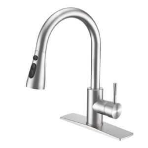 lepo brushed nickel pull out kitchen sink faucet, modern stainless steel single handle high arc rv faucet with pull down sprayer and deck plate