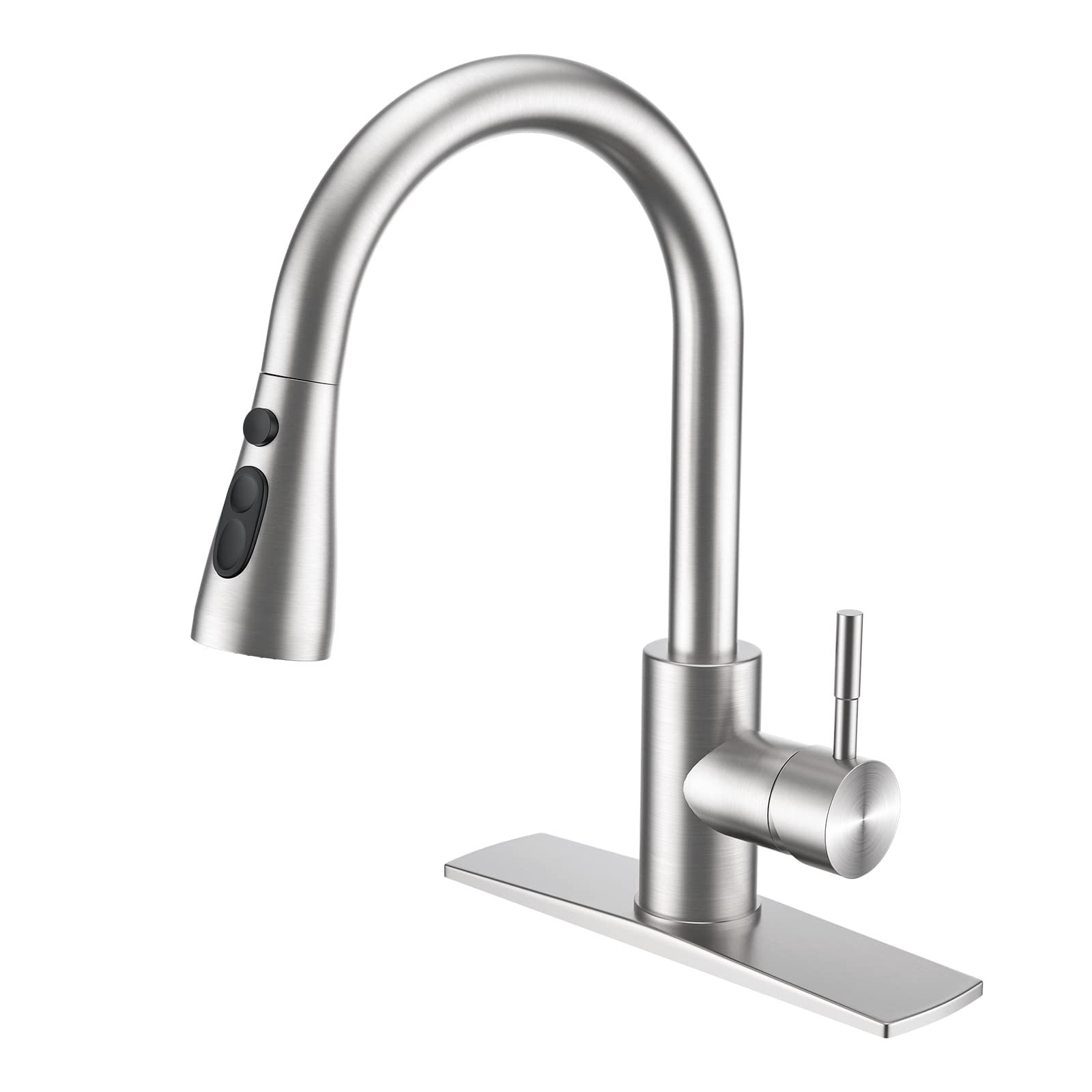 LEPO Brushed Nickel Pull Out Kitchen Sink Faucet, Modern Stainless Steel Single Handle High Arc Rv Faucet with Pull Down Sprayer and Deck Plate