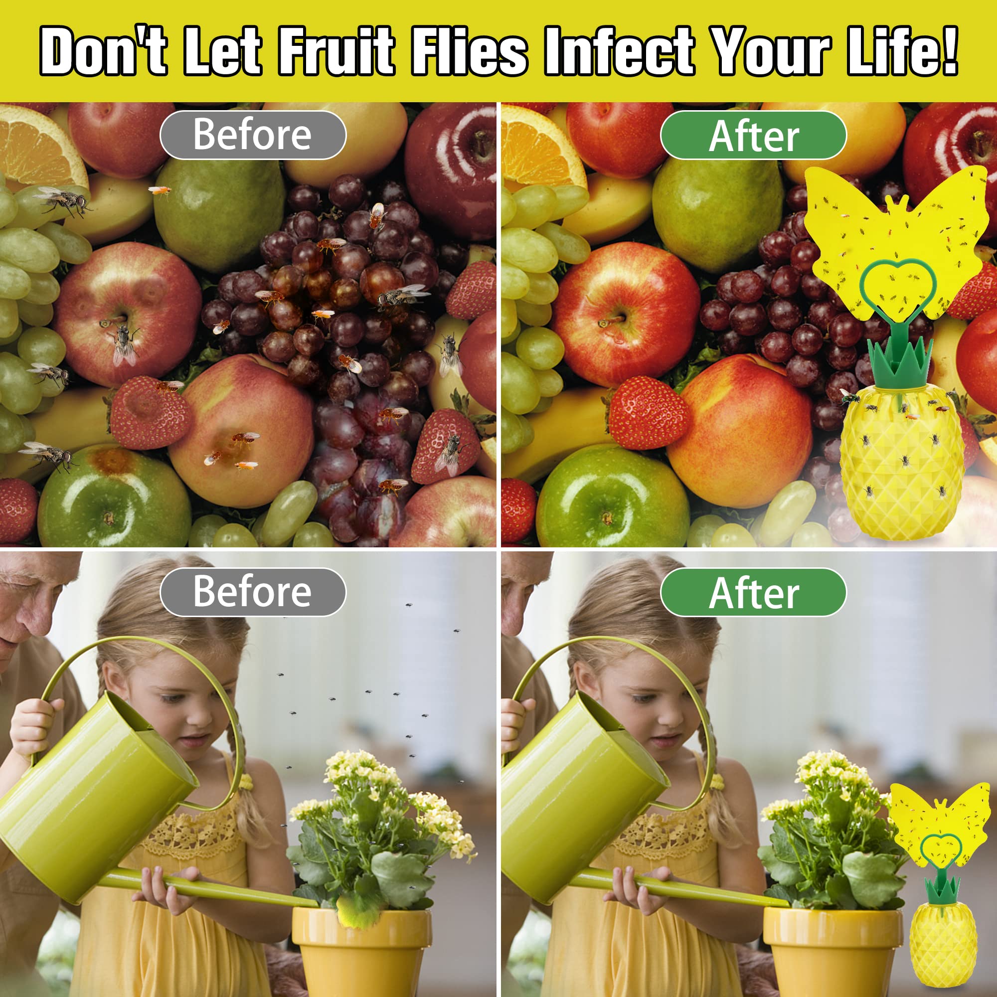 Fly Trap for Indoors, Fruit Fly Trap with Yellow Double Side Sticker, Fruit Fly Killer, Non-Toxic Fly Catcher Gnats Trap Comes with Fruit Fly Attractants for Home/Plant/Kitchen