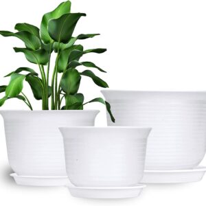 12 Inch 10 Inch 9 Inch Plant Pots, Rifny Extra Large Planters for Indoor Plants with Drainage Holes and Tray, Set of 3 Flower Pots Modern Decorative Planter for House Garden Plants and Flowers (White)