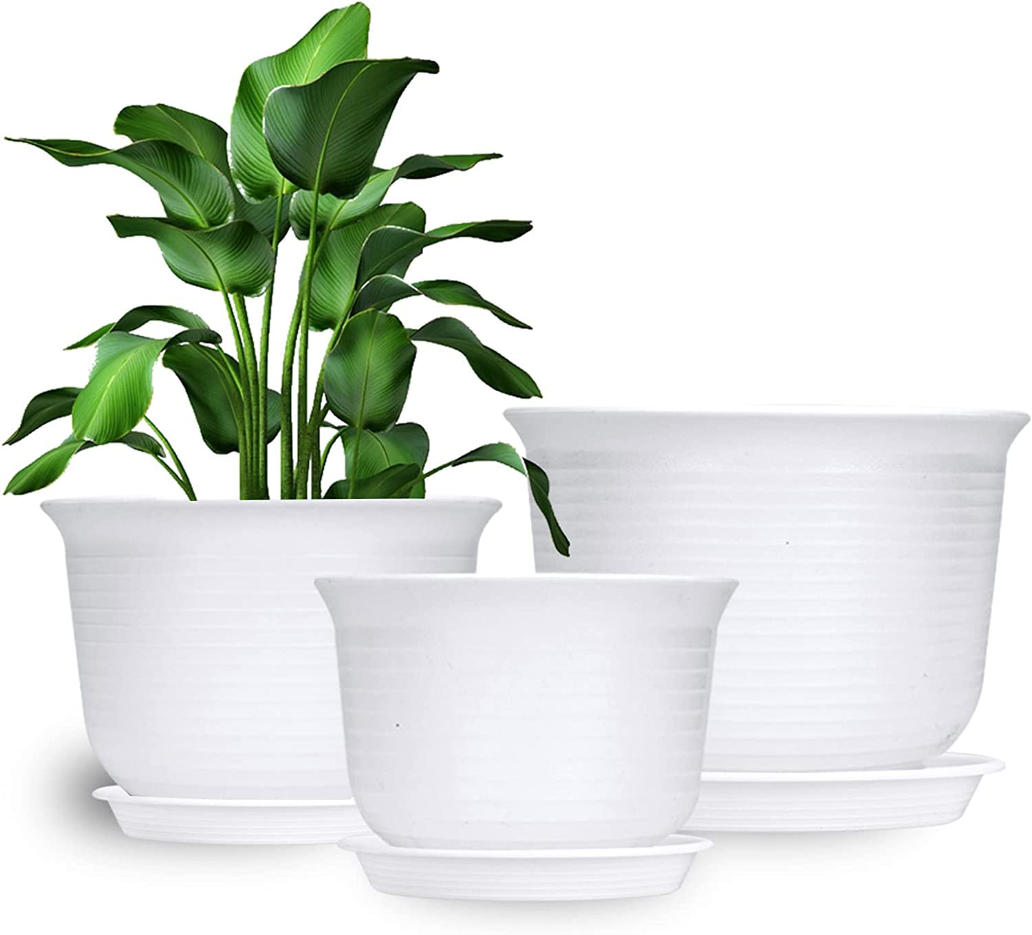 12 Inch 10 Inch 9 Inch Plant Pots, Rifny Extra Large Planters for Indoor Plants with Drainage Holes and Tray, Set of 3 Flower Pots Modern Decorative Planter for House Garden Plants and Flowers (White)