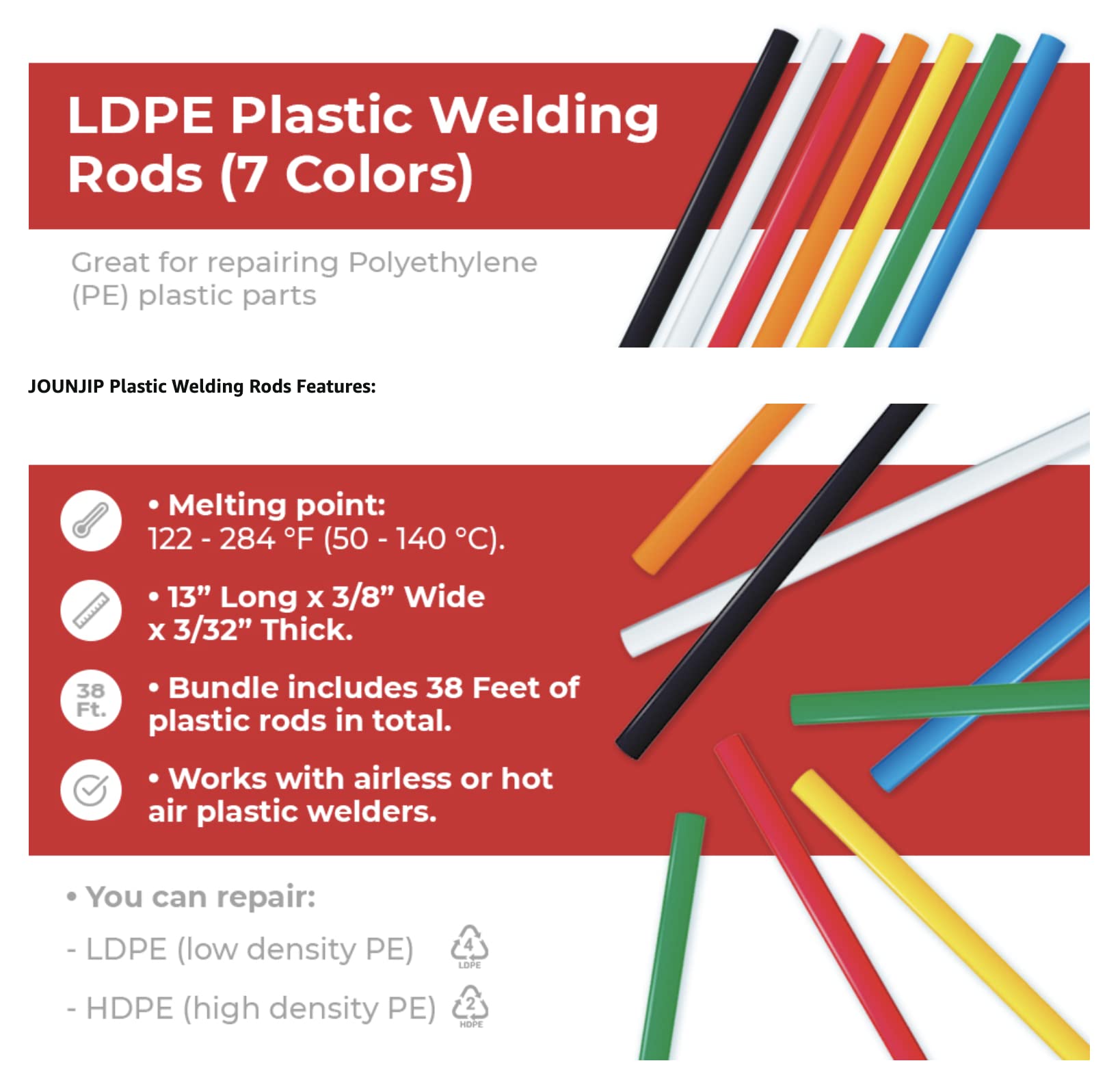 JOUNJIP 7-Color LDPE Welding Rods + Wire Mesh - Includes a 2-Pack of Reinforcing Stainless Steel Mesh and 35 Flat, LDPE Plastic Welding Rods in 7 Colors - For Use with Jounjip Plastic Welding Kit