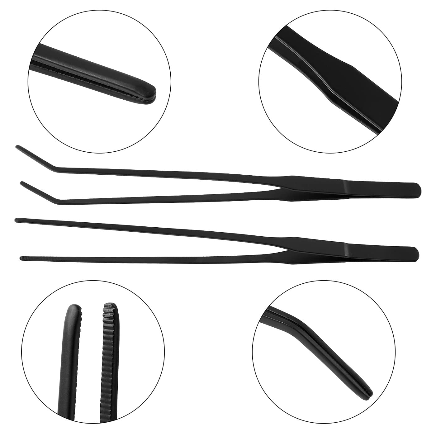 2 Pcs 11 Inch Black Long Handle Stainless Steel Straight and Curved Tweezers Nippers, Set with Serrated Tips Comfortable Ridged Handle for Garden, Kitchen, Indoors and Outdoors