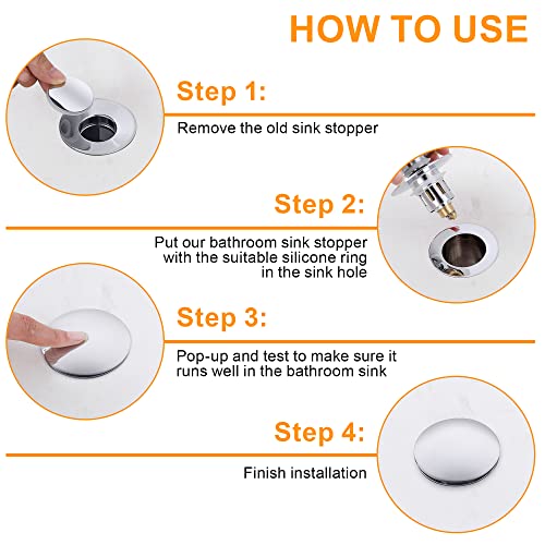 Universal Pop-Up Bathroom Sink Stopper - for 1.1~1.5 Inch Wash Basin Drain Strainer, Bounce Sink Drain Filter with Hair Catcher, Anti Clogging Stainless Steel Sink Plug, Chrome