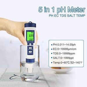 5 in 1 pH Tester for Water, Digital PH Tester Pen 0.01 High Accuracy Water Testing Kits with ATC/EC/TDS/Temp for Hydroponic, Water Quality Monitor, Pool, Aquarium