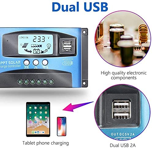 MPPT Solar Charge Controller 60 Amp,12V/24V Solar Panel Charger Intelligent Regulator with Dual USB Port+LCD Display (60A,12V/24V)