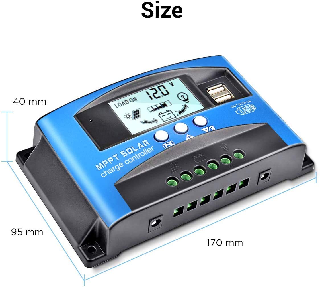 MPPT Solar Charge Controller 60 Amp,12V/24V Solar Panel Charger Intelligent Regulator with Dual USB Port+LCD Display (60A,12V/24V)