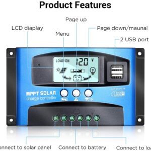 MPPT Solar Charge Controller 60 Amp,12V/24V Solar Panel Charger Intelligent Regulator with Dual USB Port+LCD Display (60A,12V/24V)