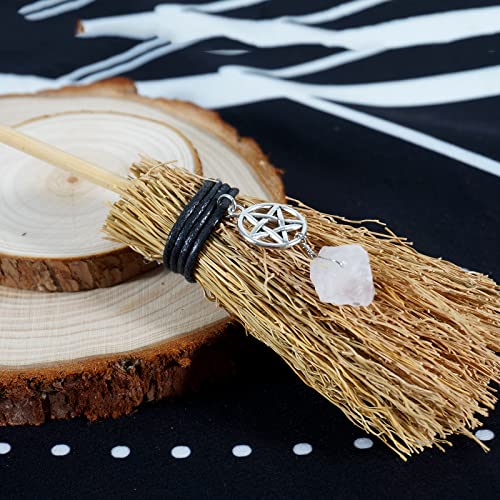 Soulnioi Crystal Witch Mini Broom Straw Broom With Crystal Pendant Decoration and Opal White Magic Necklace