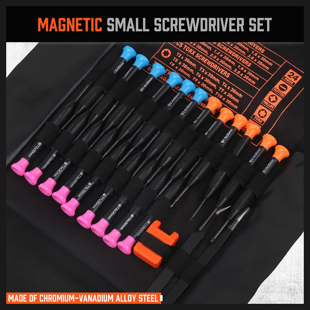 HORUSDY Mini Screwdriver Set, Set of 24 Pieces Magnetic Small Phillips/Slotted/Torx Star Screwdrivers, Precision Screwdriver Set for Repairing Eyeglass Phone Watch, Orange, Blue, Pink