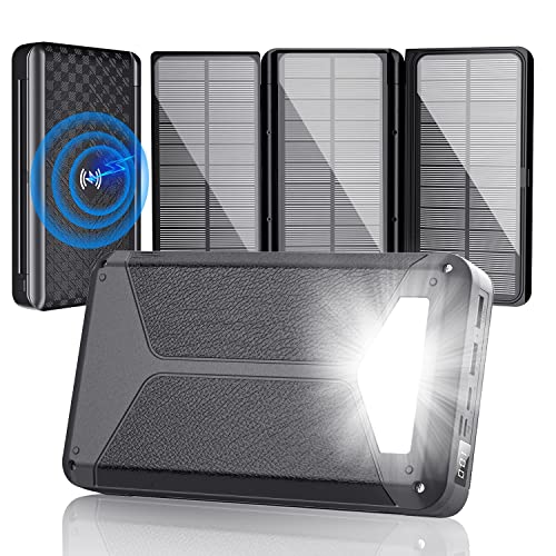 X-DNENG Solar Power Bank, 36000mah Portable Quick Solar Charger with Dual 3A Outputs & Flashlight 3 Solar Panel for Camping, Hiking, Fishing & More Outdoor Activities (Black)