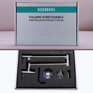 HOMHII Wall Mount Pot Filler Faucet,Folding Stretchable Kitchen Faucet with Double Joint Swing Arm,Stainless Steel Delta Pot Filler Faucet (‎Brushed Stainless Steel)