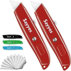 sayyes box cutter, 2-pack retractable utility knife with 10-piece sk5 blades, durable aluminum box cutter for ropes, boxes, plastics, diy, 4 colors to choose