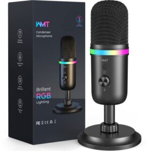 wmt usb microphone - condenser gaming microphone for pc/mac/ps4/ps5/phone- cardioid mic with brilliant rgb lighting headphone output volume control, mute button, for streaming podcast youtube discord