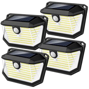 solar outdoor lights - 4 packs super bright 178 leds motion sensor wall lights ip65 waterproof solar powered security lights with 270°wide angle/3 modes lights for yard garage front door garden deck