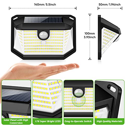 Solar Outdoor Lights - 4 Packs Super Bright 178 LEDs Motion Sensor Wall Lights IP65 Waterproof Solar Powered Security Lights with 270°Wide Angle/3 Modes Lights for Yard Garage Front Door Garden Deck