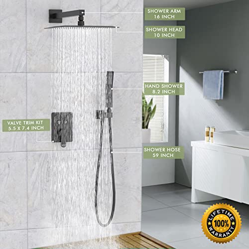 Bostingner Matte Black Shower System, Shower Faucet Set with 3 Way Pressure Balance Valve and Trim Kit All Metal 10 Inch Rainfall Shower Head System Wall Mounted Can Use All Faucets At Same Time