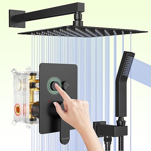 Bostingner Matte Black Shower System, Shower Faucet Set with 3 Way Pressure Balance Valve and Trim Kit All Metal 10 Inch Rainfall Shower Head System Wall Mounted Can Use All Faucets At Same Time