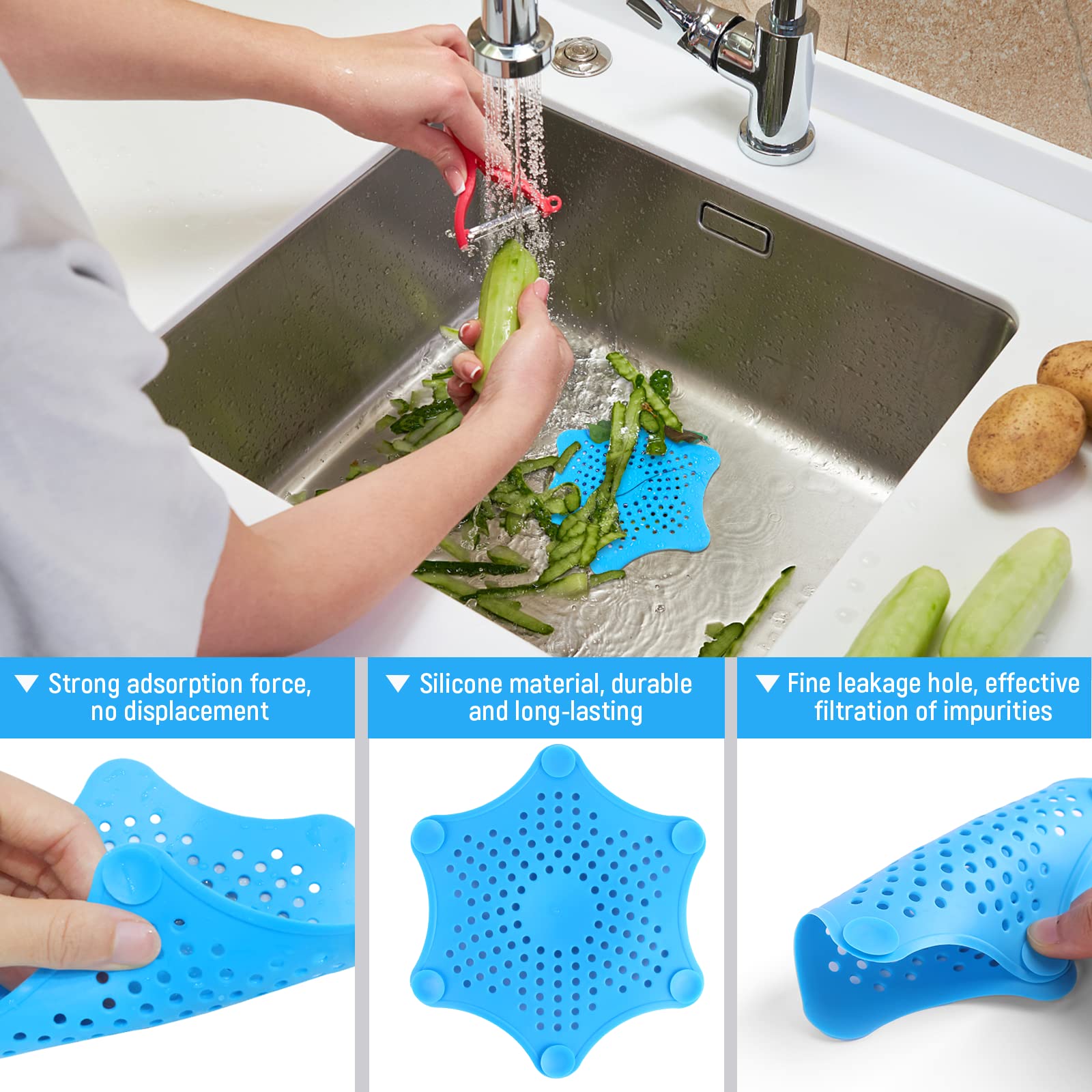 Shower Drain Hair Catcher, Silicone Hair Stopper Hair Catcher with Suction Cup Shower Drain Covers Suit for Bathroom Bathtub and Kitchen Easy to Install and Clean 5 Pack