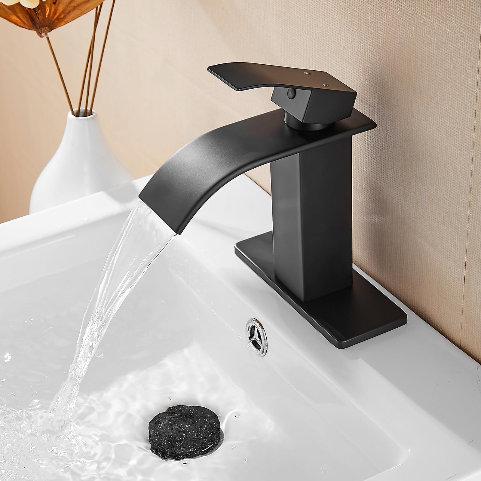 Fransiton Black Waterfall Bathroom Faucet Lavatory Single Handle 1 or 3 Hole Bathroom Sink Faucet Washbasin Faucet with Deck and Pop-up Drain