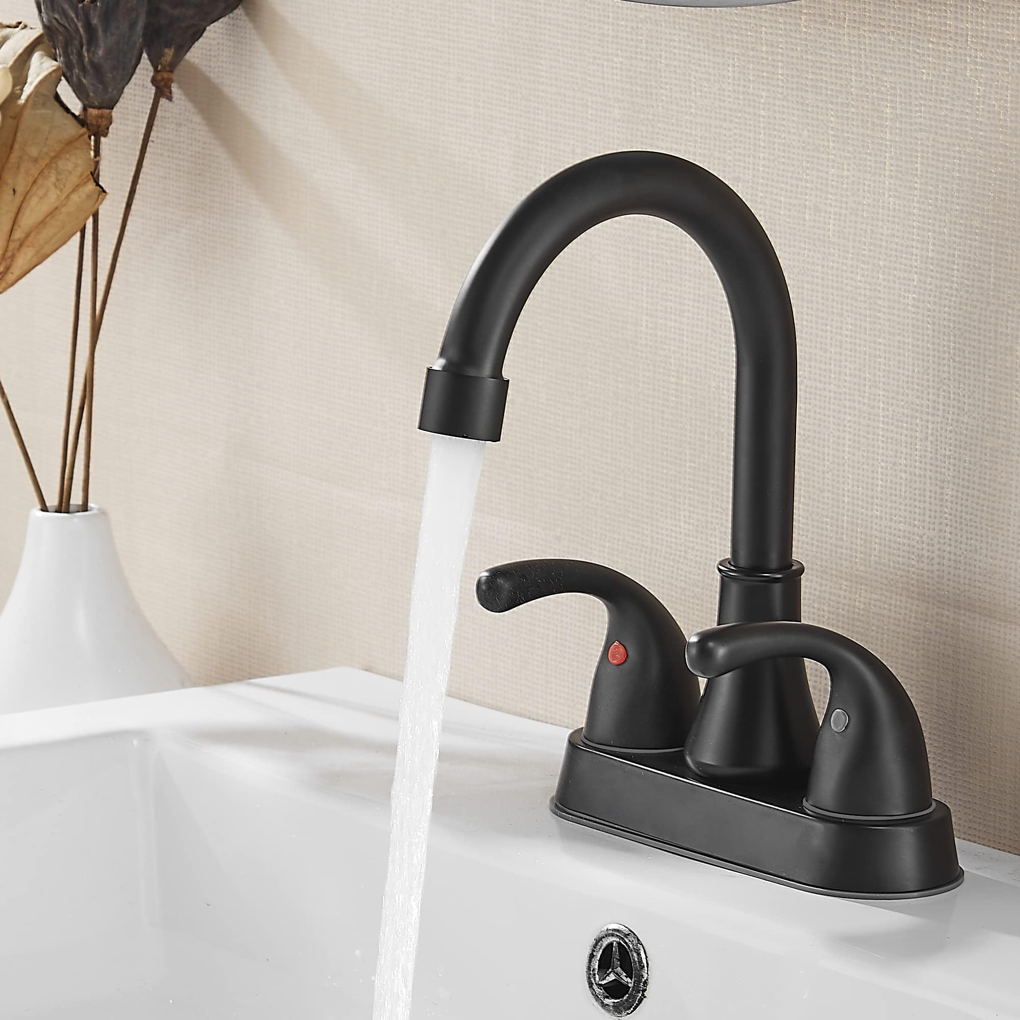 FRANSITON 4 Inch 2 Handle Bathroom Sink Faucet Lead-Free Matte Black Bath Sink Faucet with Pop-up Drain Stopper and Supply Hoses