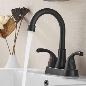 FRANSITON 4 Inch 2 Handle Bathroom Sink Faucet Lead-Free Matte Black Bath Sink Faucet with Pop-up Drain Stopper and Supply Hoses