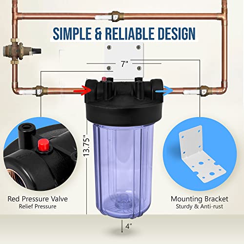 High Capacity 10 x 4.5-Inches Transparent Whole House Water Filter Purifier System with Presser Relief Button, 1” Inlet/Outlet Brass Port & Yearly Supply (4) Polypropylene Sediment Cartridges 5 Micron