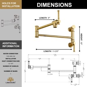 Lava Odoro Brushed Gold Pot Filler Faucet, Modern Brass Pot Filler Two-Attachment Wall Mount Folding Kitchen Pot Filler Swing Arm, PF312-SG