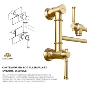 Lava Odoro Brushed Gold Pot Filler Faucet, Modern Brass Pot Filler Two-Attachment Wall Mount Folding Kitchen Pot Filler Swing Arm, PF312-SG