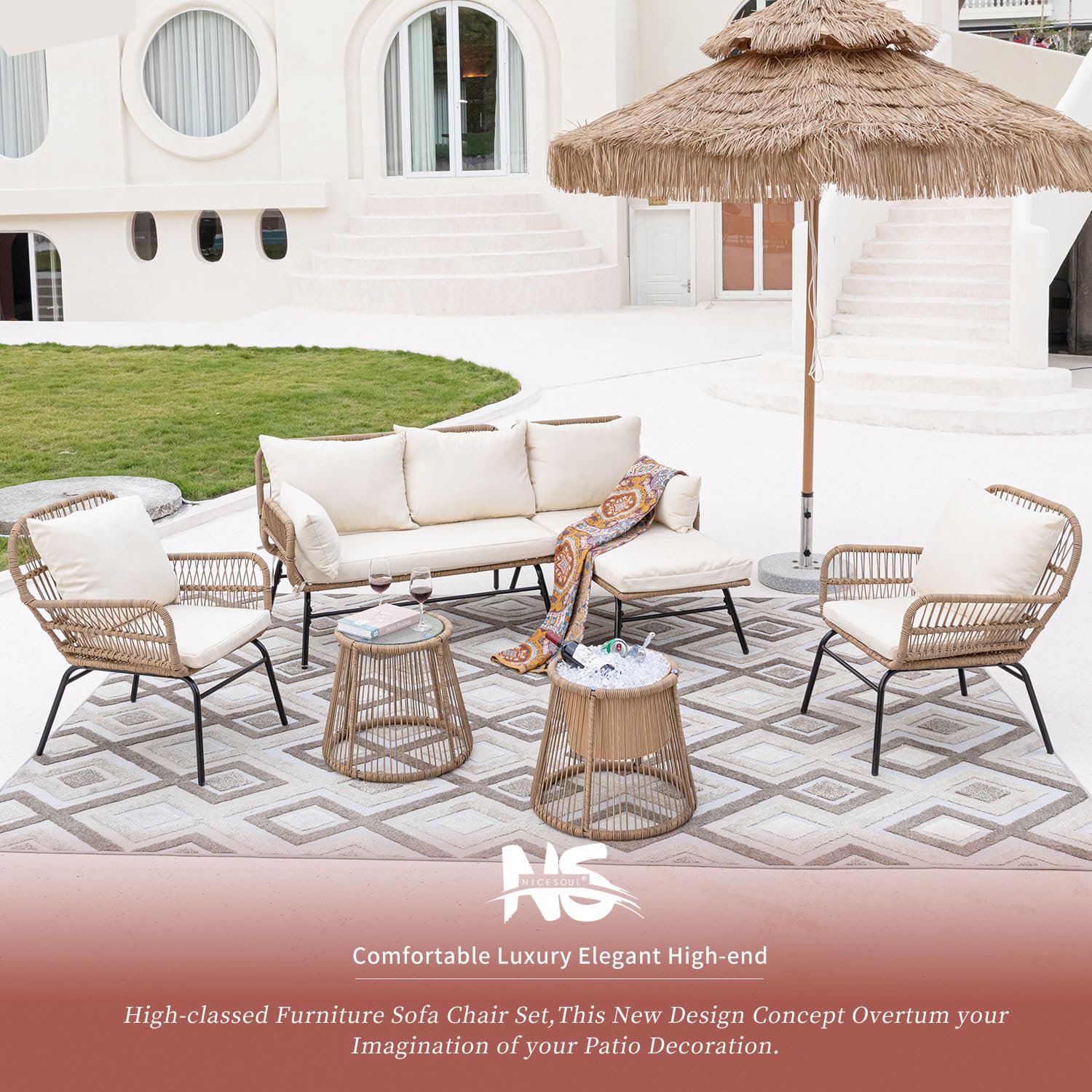 NICESOUL® 6 Pcs Boho Outdoor Small Patio Furniture Lounge Set with Beige Cushion and Round Glass Table with Ice Bucket Natural Color Wicker Conversation Sofa Set for Garden Balcony Deck