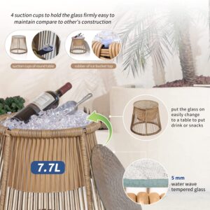 NICESOUL® 6 Pcs Boho Outdoor Small Patio Furniture Lounge Set with Beige Cushion and Round Glass Table with Ice Bucket Natural Color Wicker Conversation Sofa Set for Garden Balcony Deck