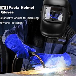 Kuject Auto Darkening Welding Helmet with Welding Gloves, True Color Solar/Battery Powered Welding Hood, Welding Mask With Wide Shade 4/9-13 for MMA TIG MIG MAG Arc Welder Mask